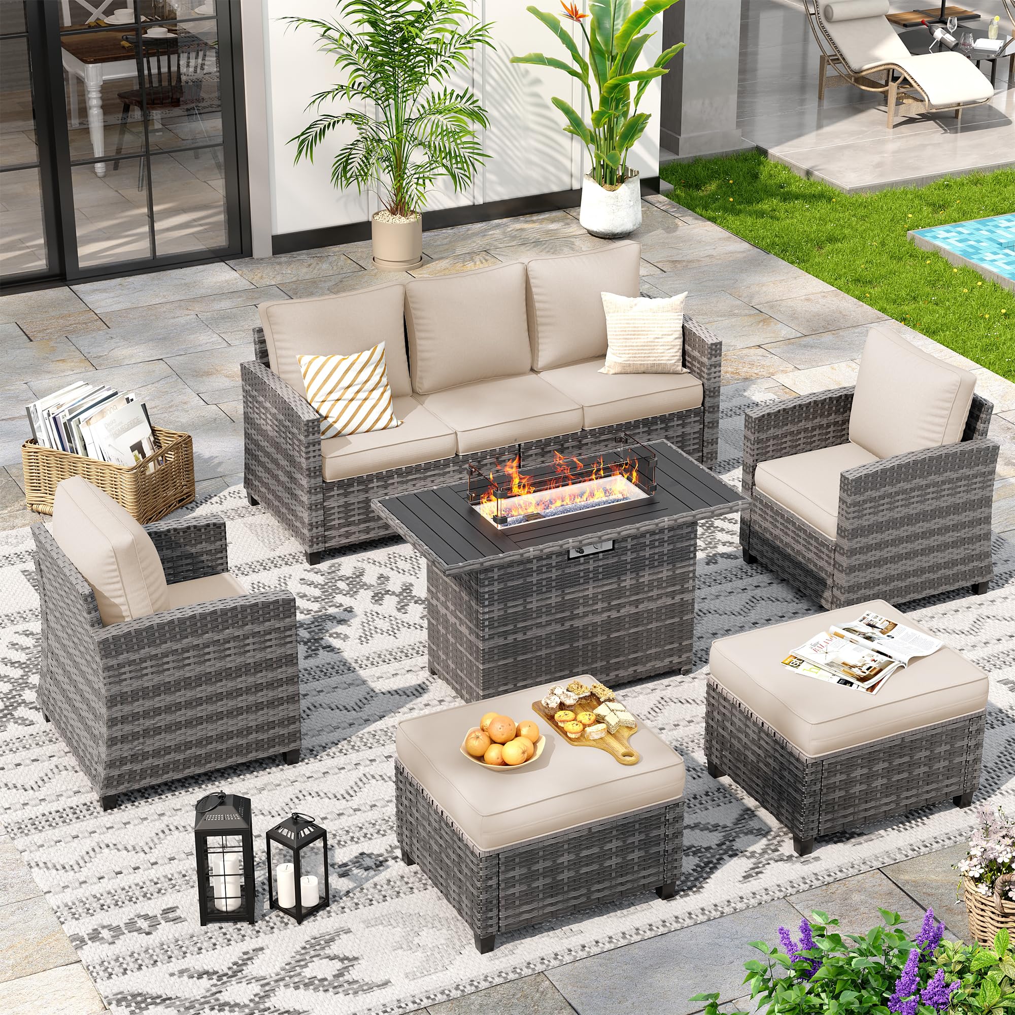 VONZOY 6 Pieces Patio Furniture Set with 44" Gas Fire Pit Table, Outdoor Sectional Conversation Sets, All-Weather Wicker Rattan Sofa w/Gas Fire Pit, Ottoman, Thick Cushion Khaki