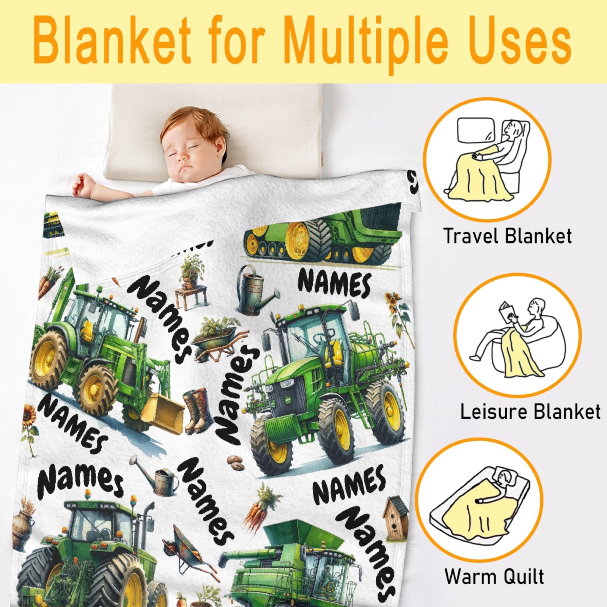 Personalized Trucks Blanket for Boys Girls Kids, Tractor Truck Flannel Throw Blanket Text Gifts Throw Soft & Warm Bed—All Season 30"x40" for Baby/Pets