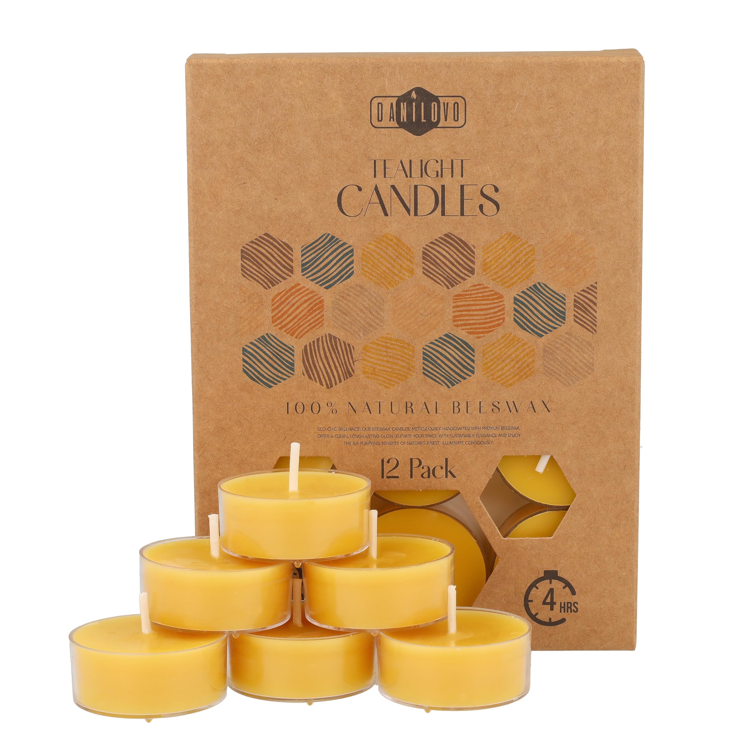 100% Beeswax Candles – Beeswax Tealight Candles with Cotton Wicks – 4 Hour Burn Time –12 Piece Beeswax Candle Set – Beeswax Votive Candles with Recycled Plastic – Pure Beeswax Candles by Danilovo