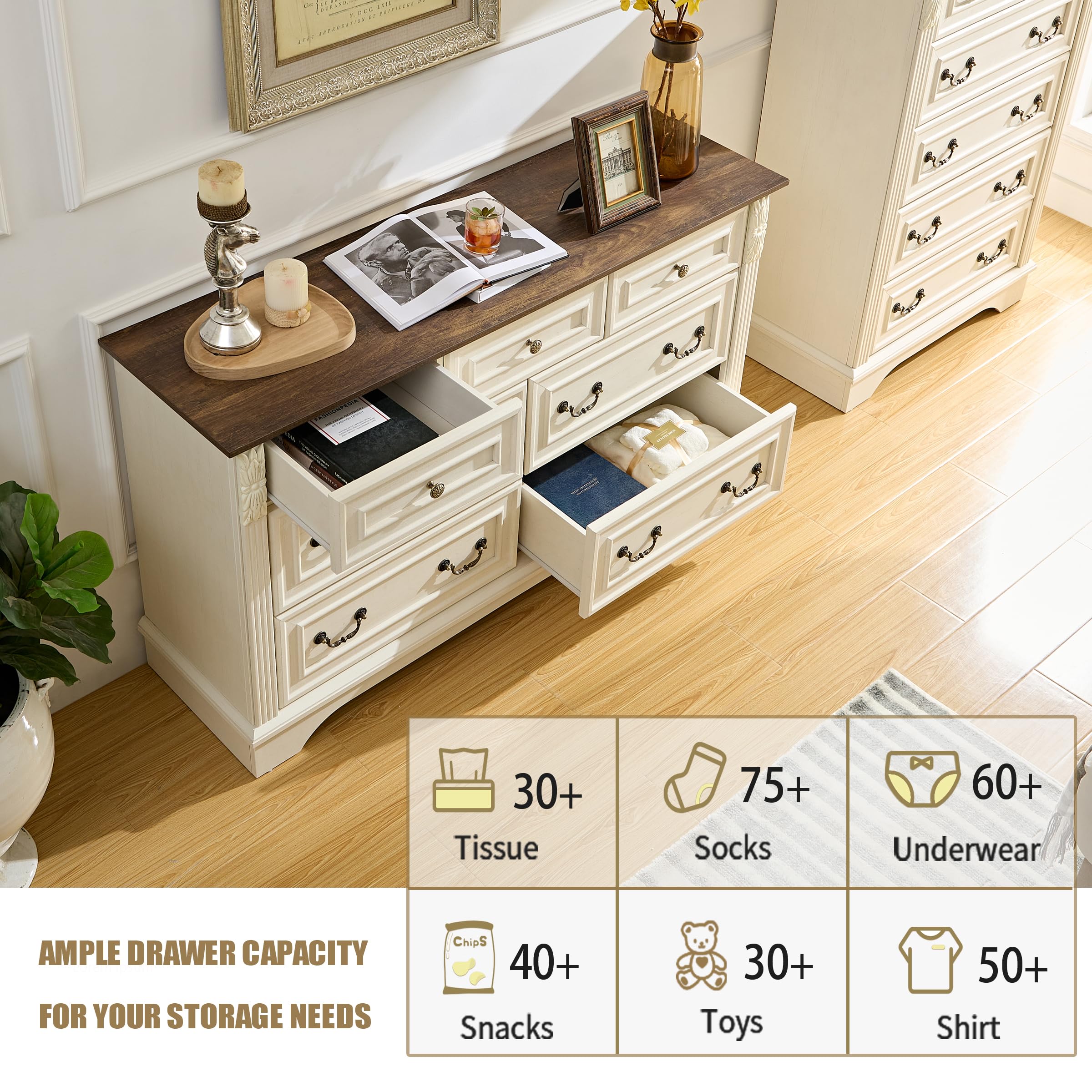 BLANKSPACE Rustic White Dresser for Bedroom,7 Drawers Dresser, Farmhouse Dresser for Living Room,7 Chest of Drawers with Thickened Wood Carving for Closet,Hallway