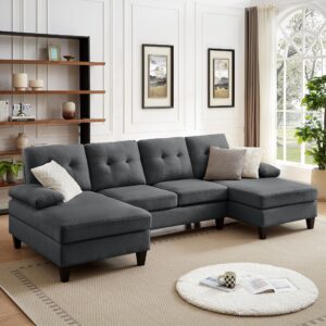 jarenie u shaped couch with chaise, modern u shaped sectional sofa easy to assemble, u shape couch double chaise sofa 100% polyester & memory foam, dark grey