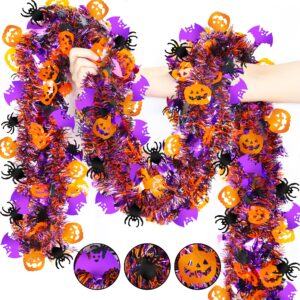 halloween decorations,33 ft halloween tinsel garland with orange pumpkin black spider purple bat, shiny metallic garland halloween garland for home tree indoor outdoor halloween party decorations