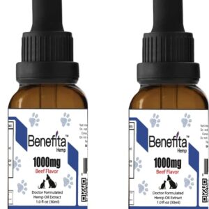 (2 Packs) Benefita Hemp Pet Oil for Dogs and Cats. Anxiety, Stress, Pain, Inflammation, Skin, Allergies, Relief Joint Hip, Arthritis, Sleep Aid, Calming Effect, Oil Dropper Organic Extract, amber