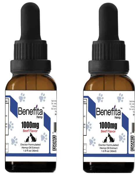 (2 Packs) Benefita Hemp Pet Oil for Dogs and Cats. Anxiety, Stress, Pain, Inflammation, Skin, Allergies, Relief Joint Hip, Arthritis, Sleep Aid, Calming Effect, Oil Dropper Organic Extract, amber