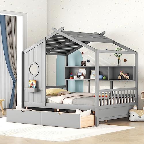 DEYOBED Kids Wooden House Bed, Full Size House Bed Frame with Storage Shelf, 2 Drawers and Roof for Boys Girls, Kids Montessori Bed with Playhouse Design for Bedroom, Space-Saving, Full, Gray