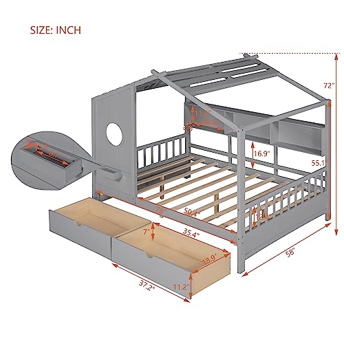 DEYOBED Kids Wooden House Bed, Full Size House Bed Frame with Storage Shelf, 2 Drawers and Roof for Boys Girls, Kids Montessori Bed with Playhouse Design for Bedroom, Space-Saving, Full, Gray