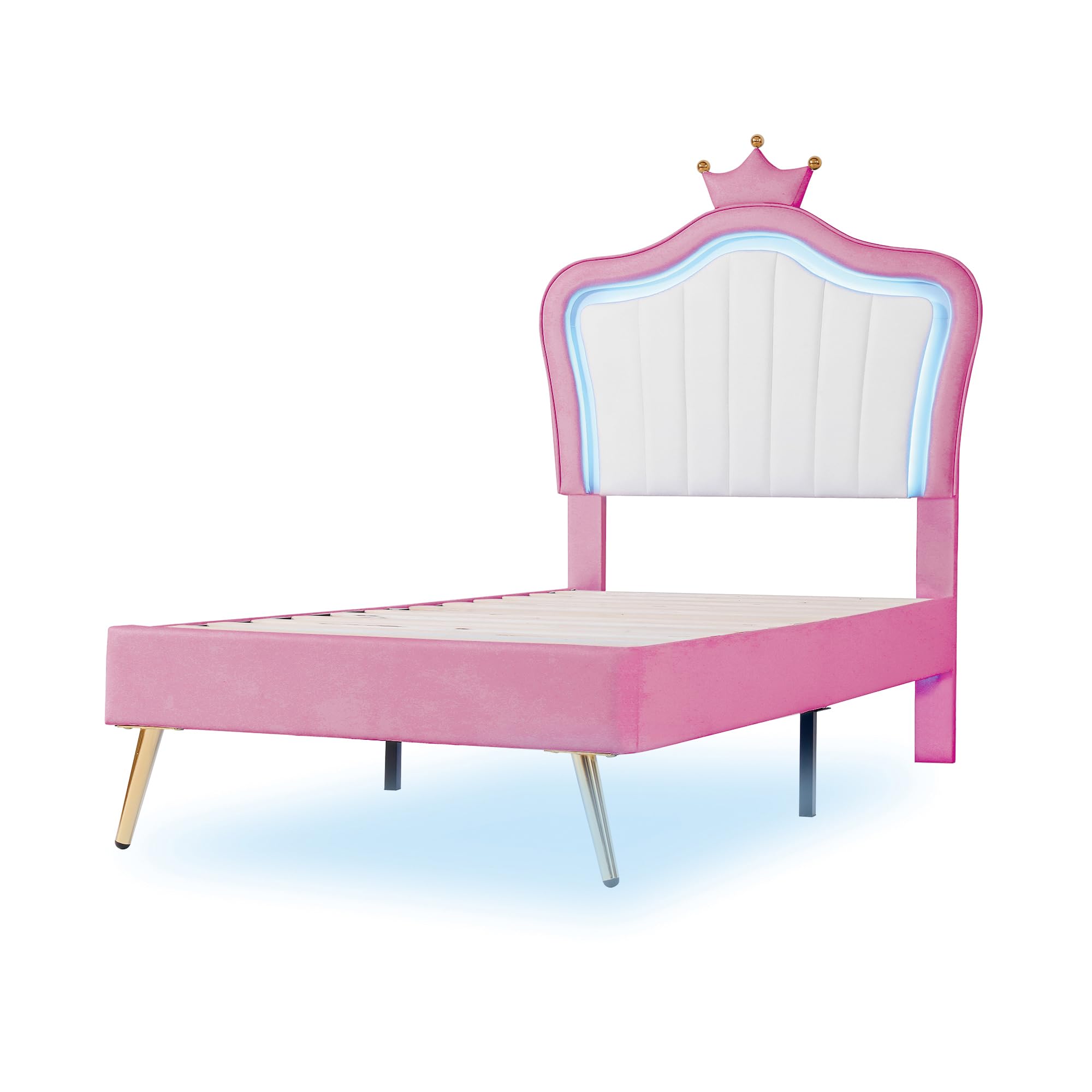 Crown Headboard Twin Size Princess Bed for Girls,Upholstered Twin Bed Frame with LED Lights for Kids,Twin Bed for Girls,Adjusted Headboard(Twin,Pink)