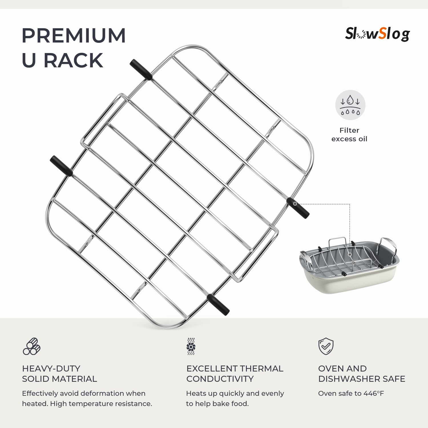 Slow Slog Roasting Pan, 17 Inch x 13 Inch Roaster with Removable Rack, Nonstick Roaster Pan for Roasting Turkey, Meat & Vegetables (Beige)