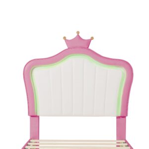 Crown Headboard Twin Size Princess Bed for Girls,Upholstered Twin Bed Frame with LED Lights for Kids,Twin Bed for Girls,Adjusted Headboard(Twin,Pink)