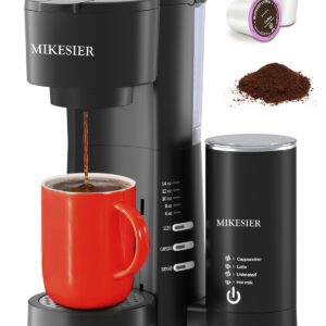 MIKESIER 3IN1 Single Serve Coffee Maker for K Cup & Ground, Small Coffee Machine with Milk Frother, 6-14oz Brew Size, 28oz Water Tank, Adjustable Drip Tray