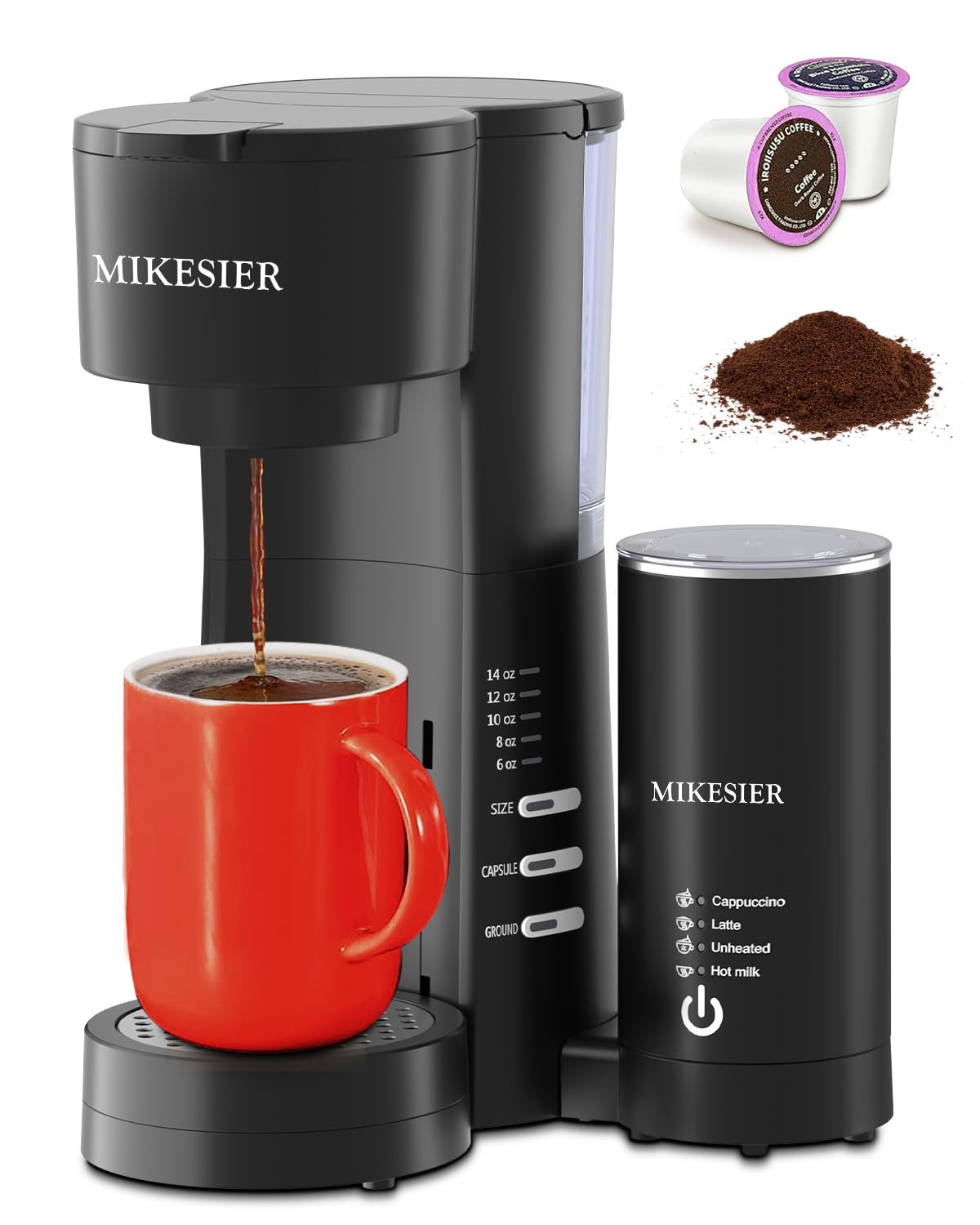 MIKESIER 3IN1 Single Serve Coffee Maker for K Cup & Ground, Small Coffee Machine with Milk Frother, 6-14oz Brew Size, 28oz Water Tank, Adjustable Drip Tray