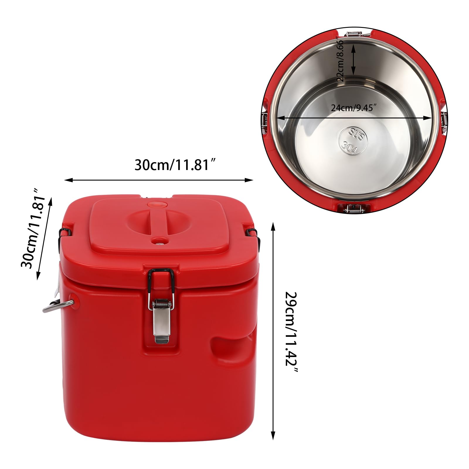 WATEBATH Insulated Soup Container Commercial Food Warmer for Hot or Cold Food, 2.5 Gallon Hot Box for Catering, Food Cooler with 4 Buckles, Handles, Soup Carrier for Restaurant, Canteen, Home, Red