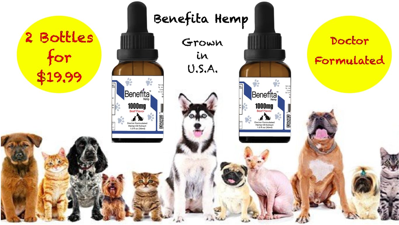 (2 Packs) Benefita Hemp Pet Oil for Dogs and Cats. Anxiety, Stress, Pain, Inflammation, Skin, Allergies, Relief Joint Hip, Arthritis, Sleep Aid, Calming Effect, Oil Dropper Organic Extract, amber