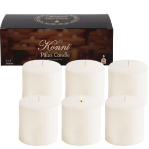 konni white pillar candles set of 6, 3"x 3" unscented pillar candles bulk, 30 hours long burning candles, smokeless&dripless large round candle for wedding, home decoration, parties, spas, dinner