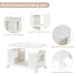 Bagnizer 3 Tiers Narrow Plastic Storage Bins with Lids and Wheels, No Door 49QT Stackable Collapsible Storage Organizers Box Containers for Bedroom, Dorm Room, Off White, 16 x 8 x 24”