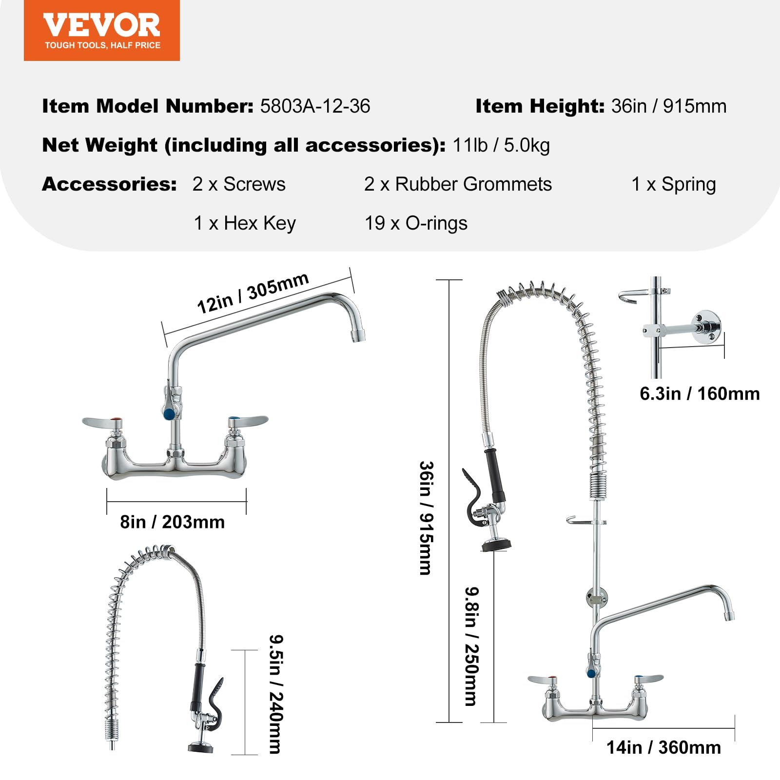 VEVOR Commercial Faucet with Pre-Rinse Sprayer, 36" Height, 8" Center, 12" Swing Spout, Wall Mount Kitchen Sink Faucet, Brass Constructed Device with Pull Down Spray, for 1/2/3 Compartment Sink