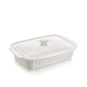 casserole dish with lid, 5.6 quart covered casserole dish cookware, 9x13.5 deep baking dish for oven,lasagna pan ceramic bakeware for baking, easy to clean, white