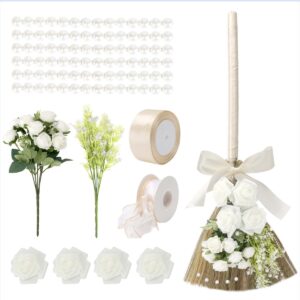 wedding broom for jumping ceremony, jumping the broom for wedding, decorative broom diy with ribbons artificial pearl roses