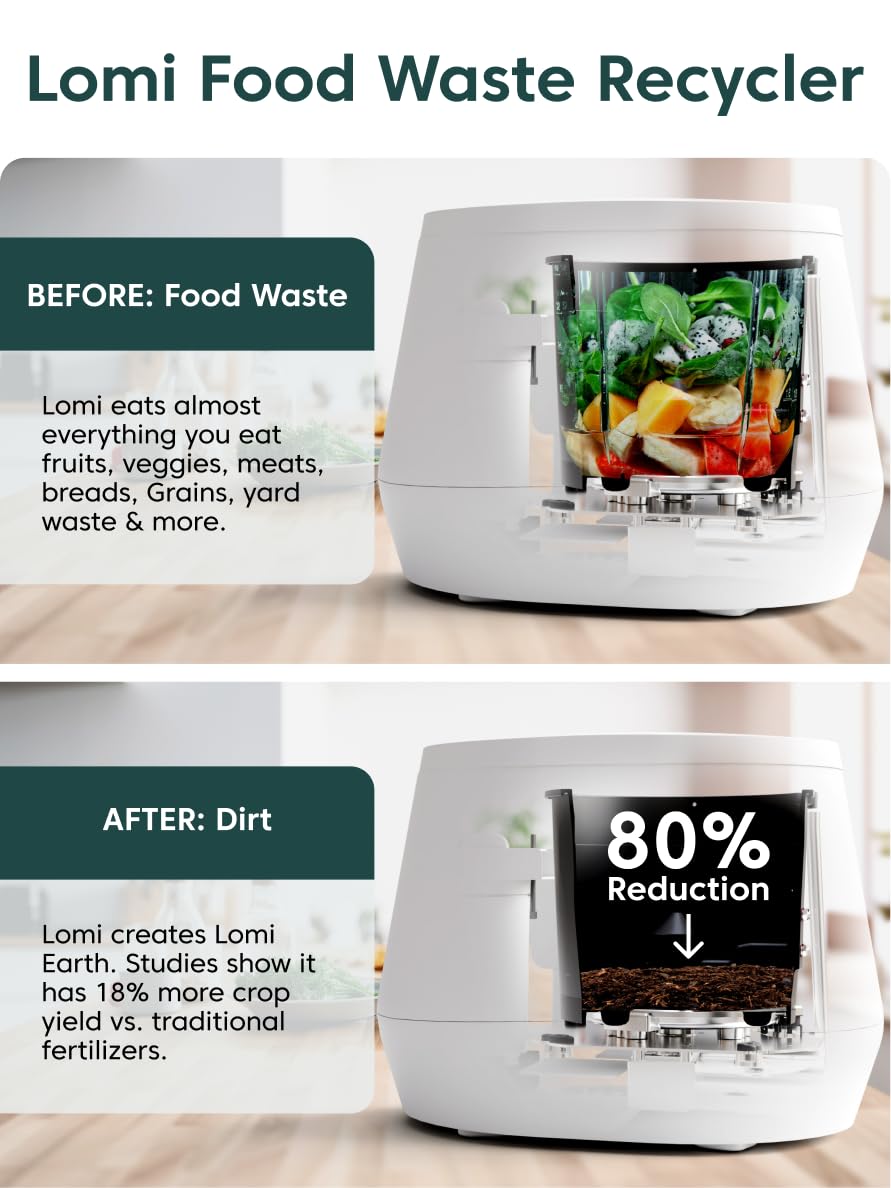 Lomi 1.3 – 3L, Electric Composter (45 Cycles), World’s First Smart Waste That Turns Waste into Natural Fertilizer with a Single Button, Indoor Compost - Kitchen Food Recycler (White, Lomi 1.3)