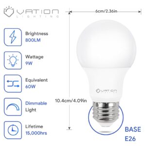 VATION LIGHTING Dimmable A19 LED Light Bulbs 3000K Warm White, 60 Watt Equivalent, Efficient 9 Watt, 800 Lumens, E26 Medium Base, ETL/UL Listed, 12 Pack