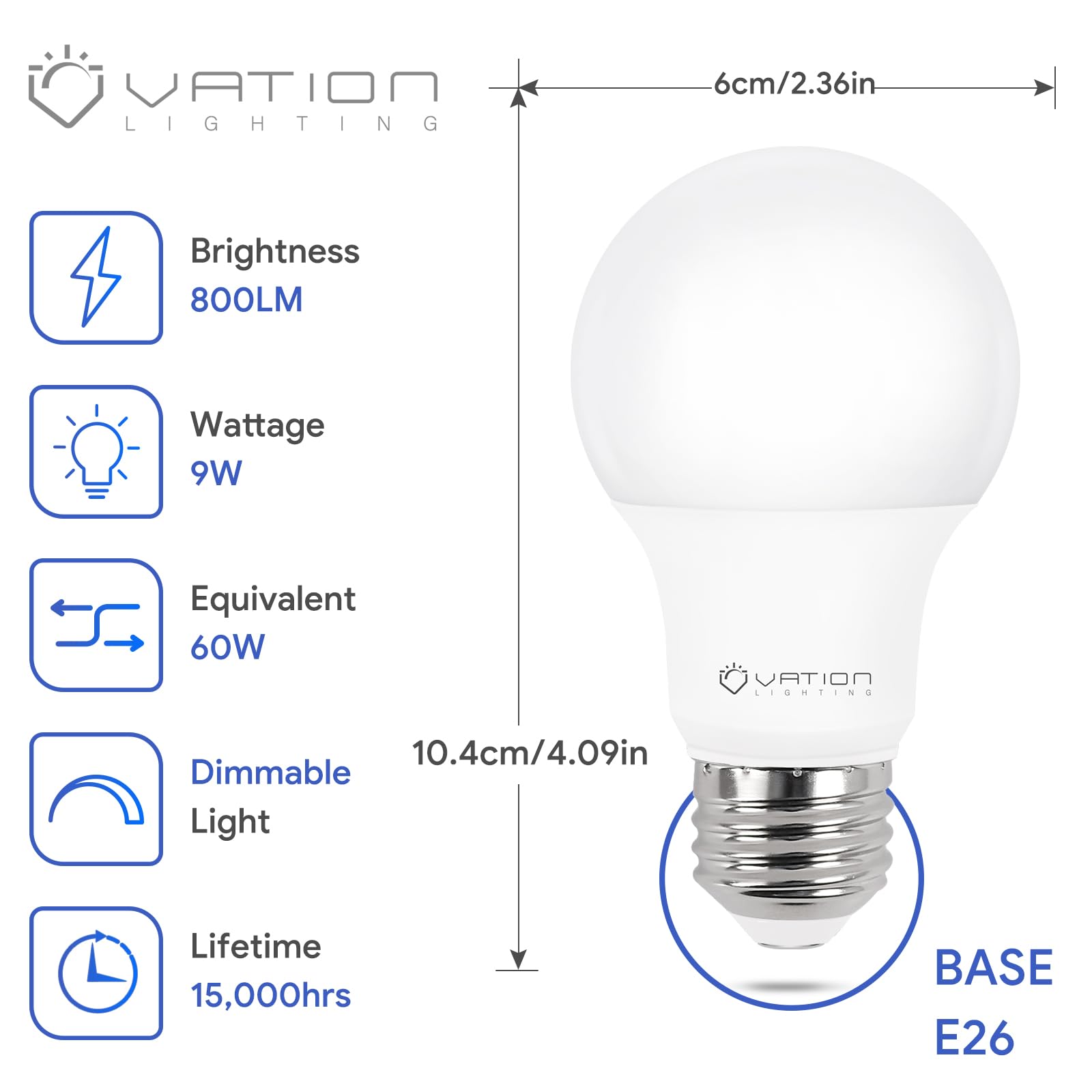 VATION LIGHTING Dimmable A19 LED Light Bulbs 3000K Warm White, 60 Watt Equivalent, Efficient 9 Watt, 800 Lumens, E26 Medium Base, ETL/UL Listed, 12 Pack