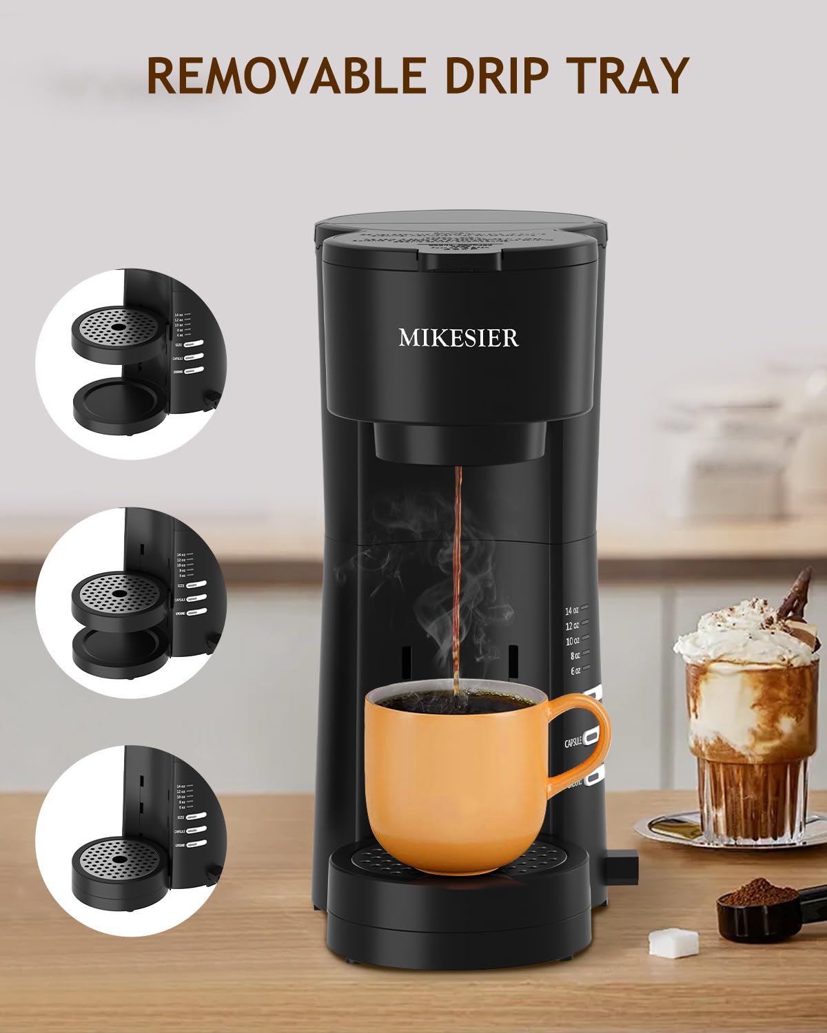 MIKESIER 3IN1 Single Serve Coffee Maker for K Cup & Ground, Small Coffee Machine with Milk Frother, 6-14oz Brew Size, 28oz Water Tank, Adjustable Drip Tray