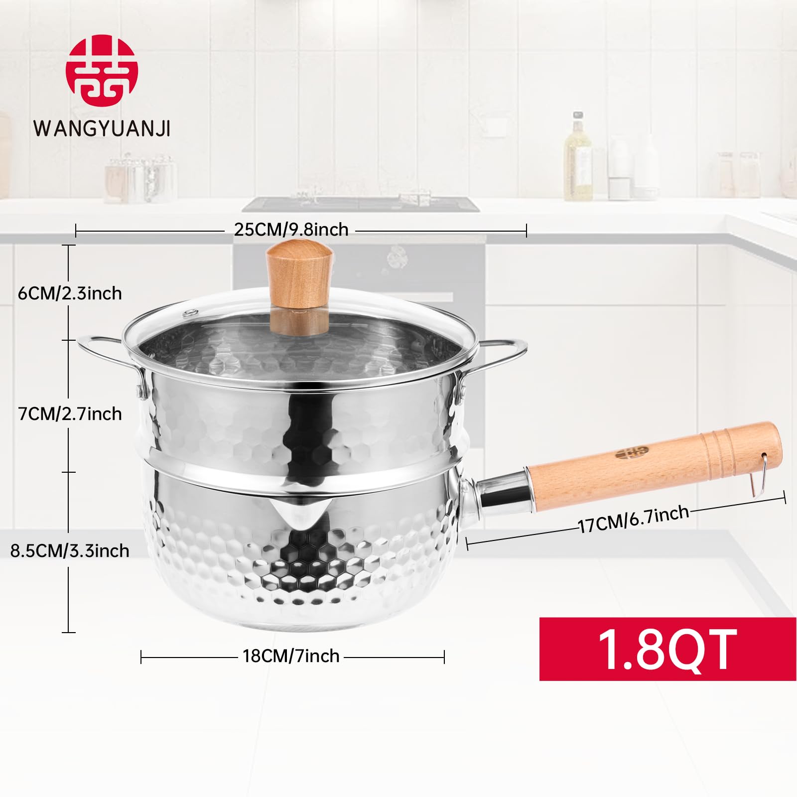 WANGYUANJI Stainless Steel Saucepan with Steamer and Glass Lid,7"Nonstick Snow Flat Pot for One Person,1.8 Quart Multi-Purpose Saucepan Set for Deep-Frying,Steaming,Boiling and Stir-Frying