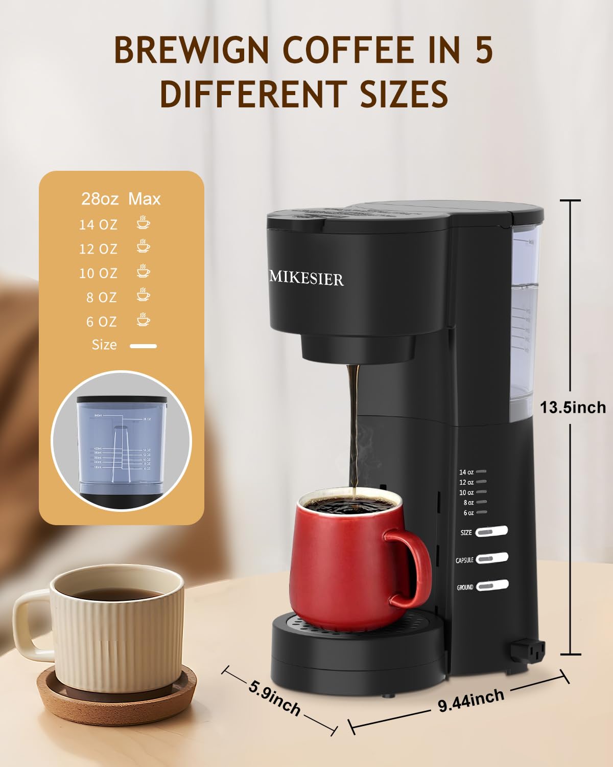 MIKESIER 3IN1 Single Serve Coffee Maker for K Cup & Ground, Small Coffee Machine with Milk Frother, 6-14oz Brew Size, 28oz Water Tank, Adjustable Drip Tray