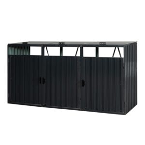 metal outdoor trash bin shed for storing 3 trash cans, stainless steel galvanized, garden yard lawn trash bin shed, black