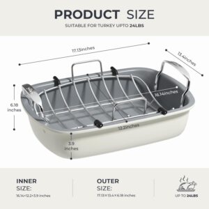 Slow Slog Roasting Pan, 17 Inch x 13 Inch Roaster with Removable Rack, Nonstick Roaster Pan for Roasting Turkey, Meat & Vegetables (Beige)