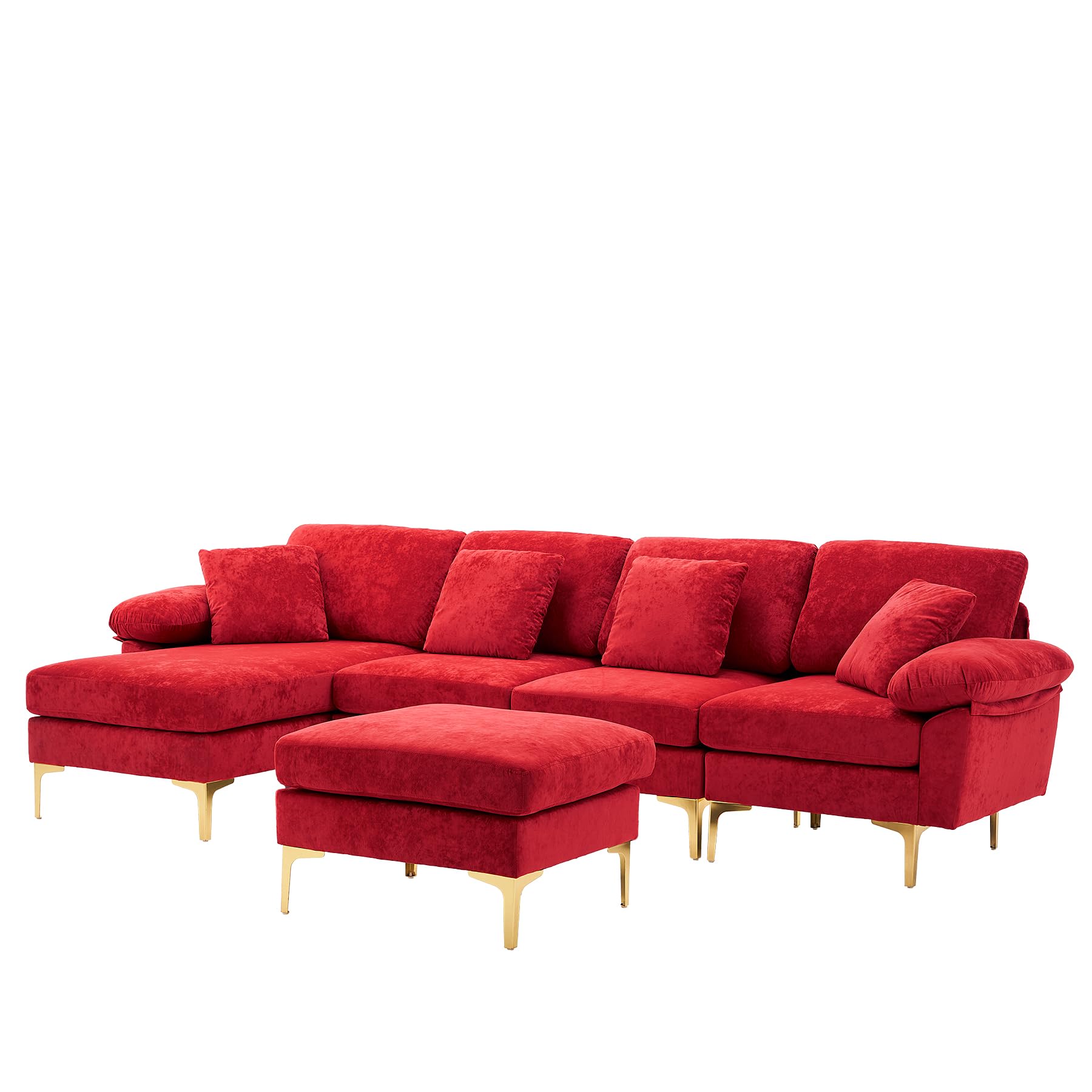 OUYESSIR U-Shaped Sectional Sofa Couch, 4 Seat Sofa Set for Living Room, Convertible L-Shaped Velvet Couch Set with Chaise Lounge, Ottoman and Pillows,114 inches (Red)