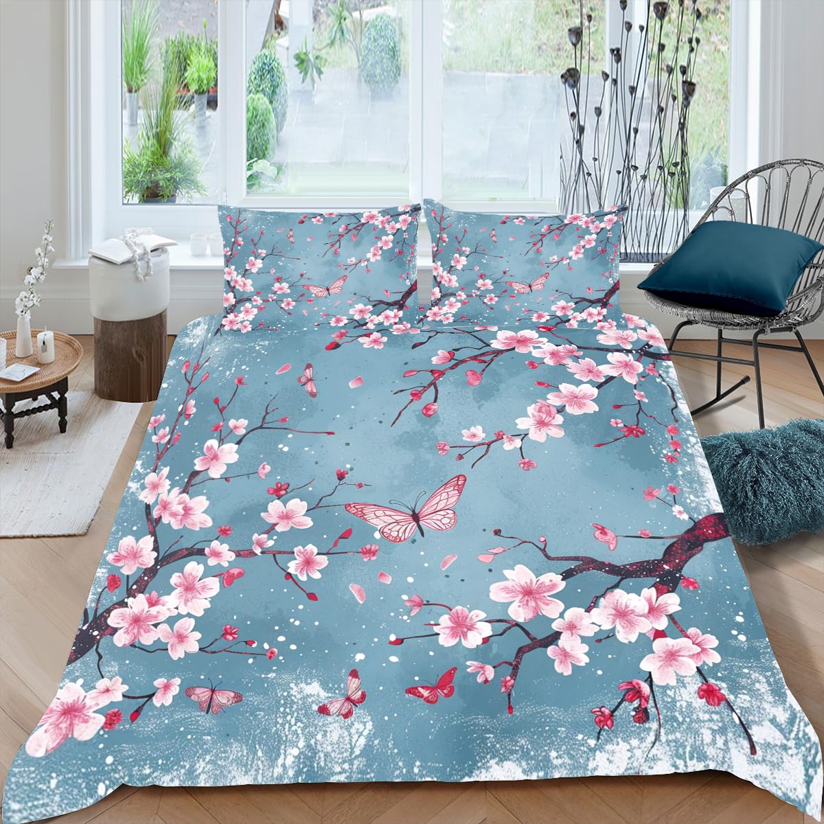 CCoutueChen Japanese Cherry Blossom Duvet Cover Set King Size Blue Floral Butterfly Comforter Bedding Set Retro Duvet Covers for Girls Women Adults Botanical Flower Duvet Cover with 2 Pillowcases