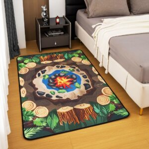 Erosebridal Campfire Area Rug 5x7 Tree Stump Rug for Teens Kids Fun Woodland Campsite Summer Happy Camping Carpet Cartoon Stones Green Tree Non Slip Living Room Rugs