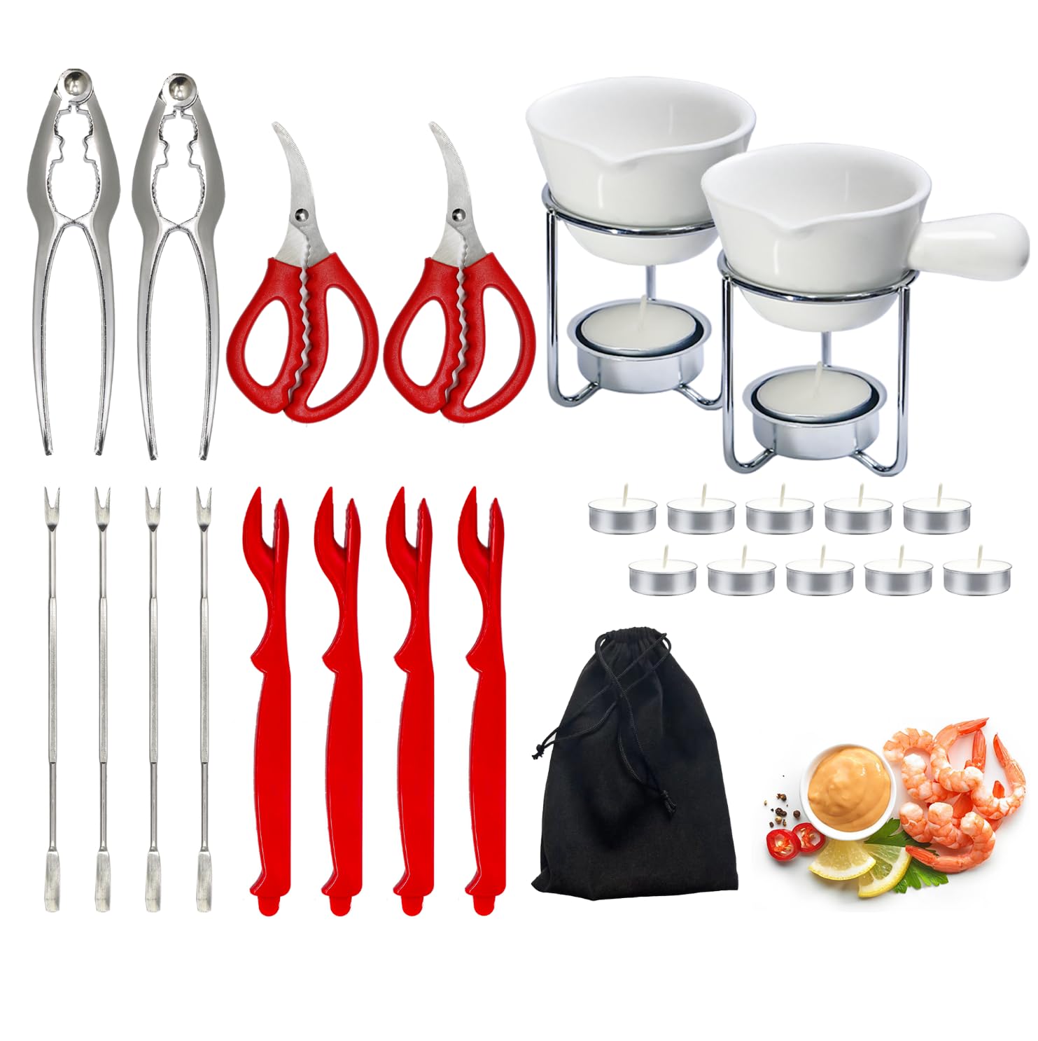 Reasmi Crab Crackers and Tools Set with 2 Crab Leg Cracker,2 Butter Warmer for Seafood,4 Crab Leg Forks,4 Lobster Shellers,2 Seafood Scissors,10 Tealight Candles,1 Bag,seafood crackers and tool(25pcs)