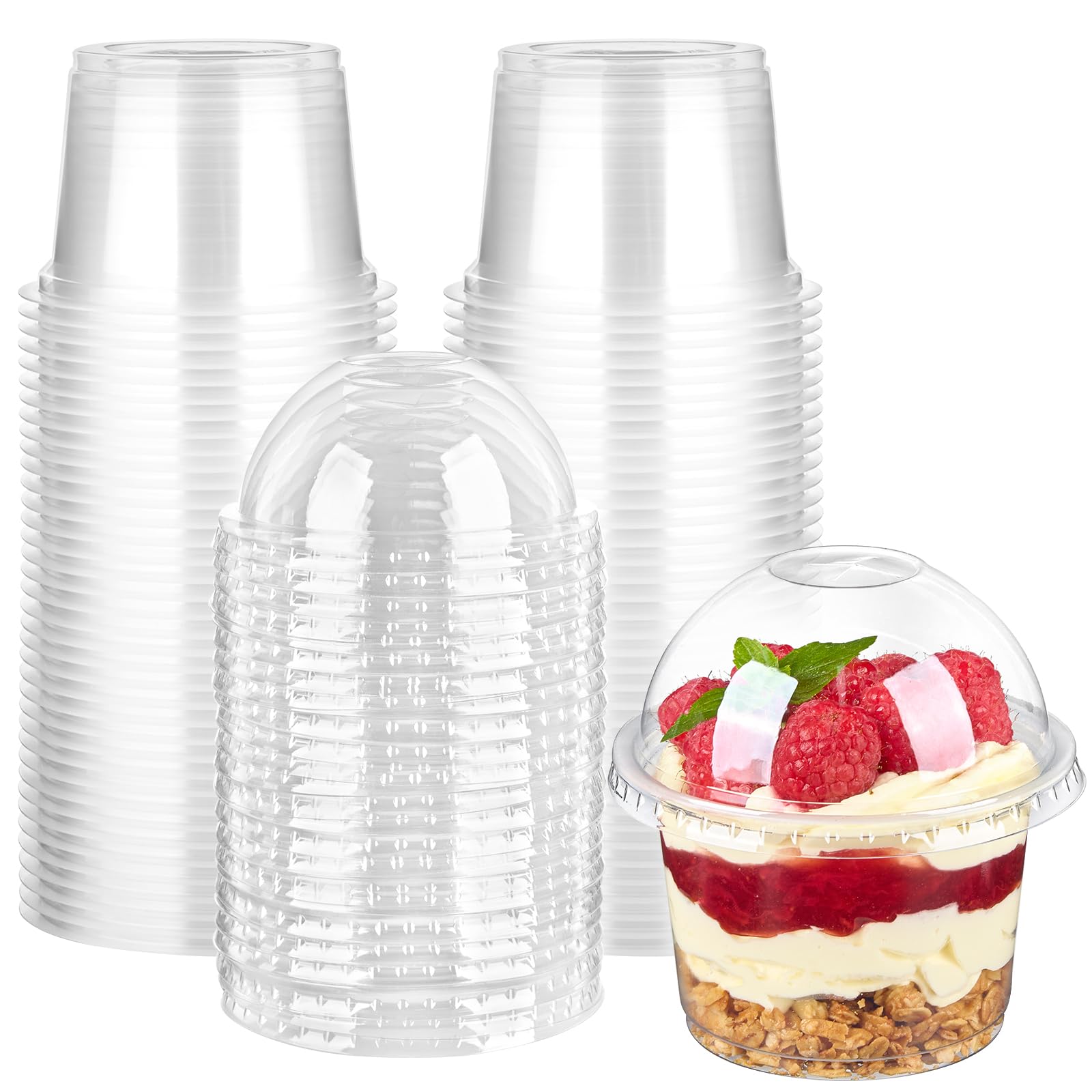 TOFLEN 50 Pack 8 oz Plastic Dessert Cups with Dome Lids, Clear Disposable Yogurt Parfait Cups with Lids, Individual Party Serving Snack Cups for Fruit Dessert Cake Pudding