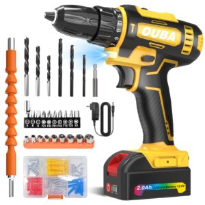 ouba cordless drill set, 12.8v lithium lon power drill cordless with battery and charger, 2 variable speeds, 3/8" keyless chuck, 25+3 torque setting, built-in led, electric drills for home (yellow)