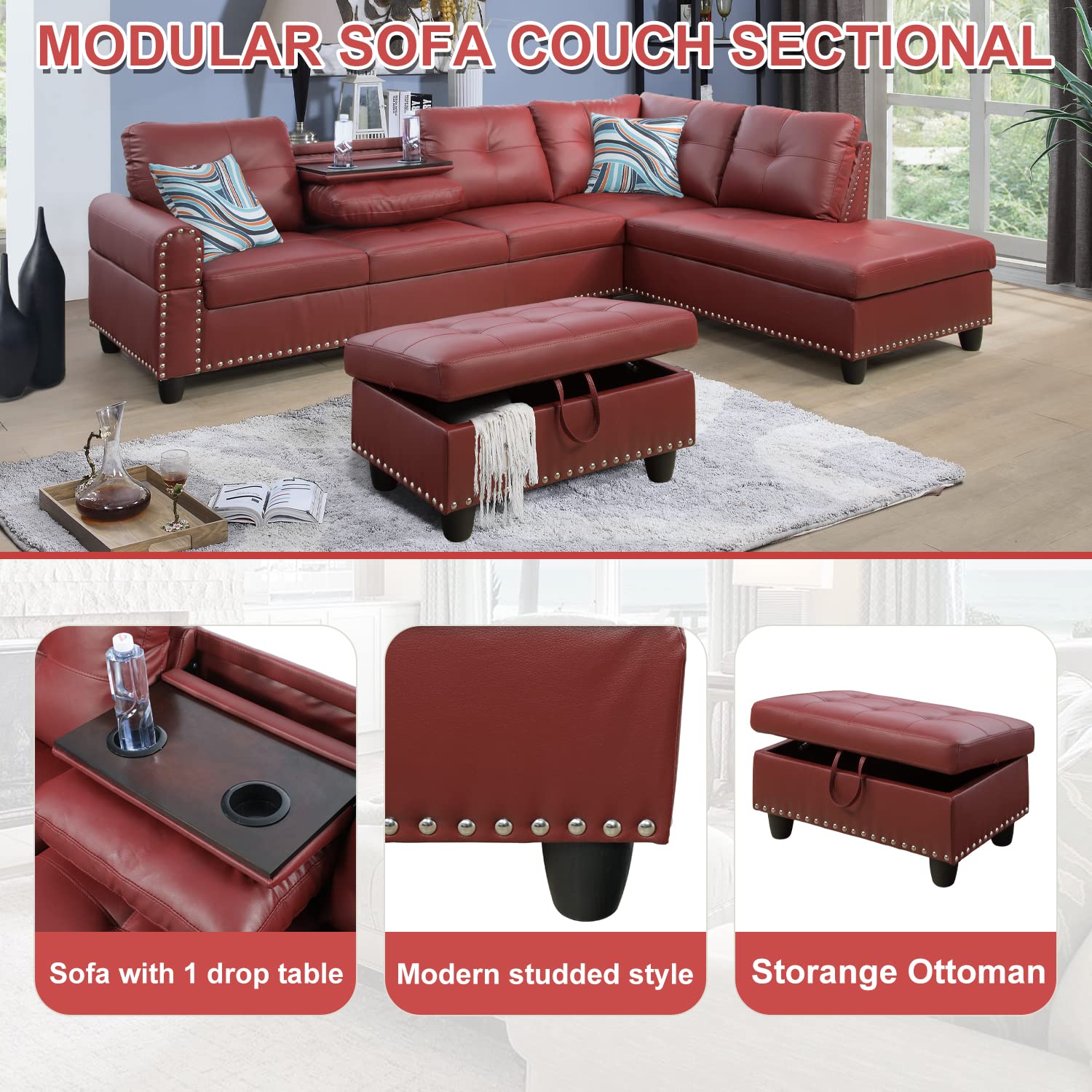 LOPOO Modern Red L-Shaped Sectional Couch, Button Tufted Upholstered Modular Faux Leather Large Sofas with Chaise Lounge, Living Room Furniture Sets w/Foldable Console and Cup Holders (Red)