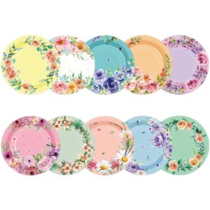 sunnyray 100 pack floral party plates floral disposable paper plates 9 inch, elegant vintage garden dinner plates for tea party, bridal shower, baby shower, birthday party supplies