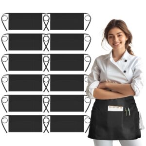 syntus 12 pack server aprons with 3 pockets, water resistant waitress waist apron for women men, server apron with large pockets for waitress book, phone & cutleries, 11.5-inch black