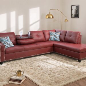 LOPOO Modern Red L-Shaped Sectional Couch, Button Tufted Upholstered Modular Faux Leather Large Sofas with Chaise Lounge, Living Room Furniture Sets w/Foldable Console and Cup Holders (Red)