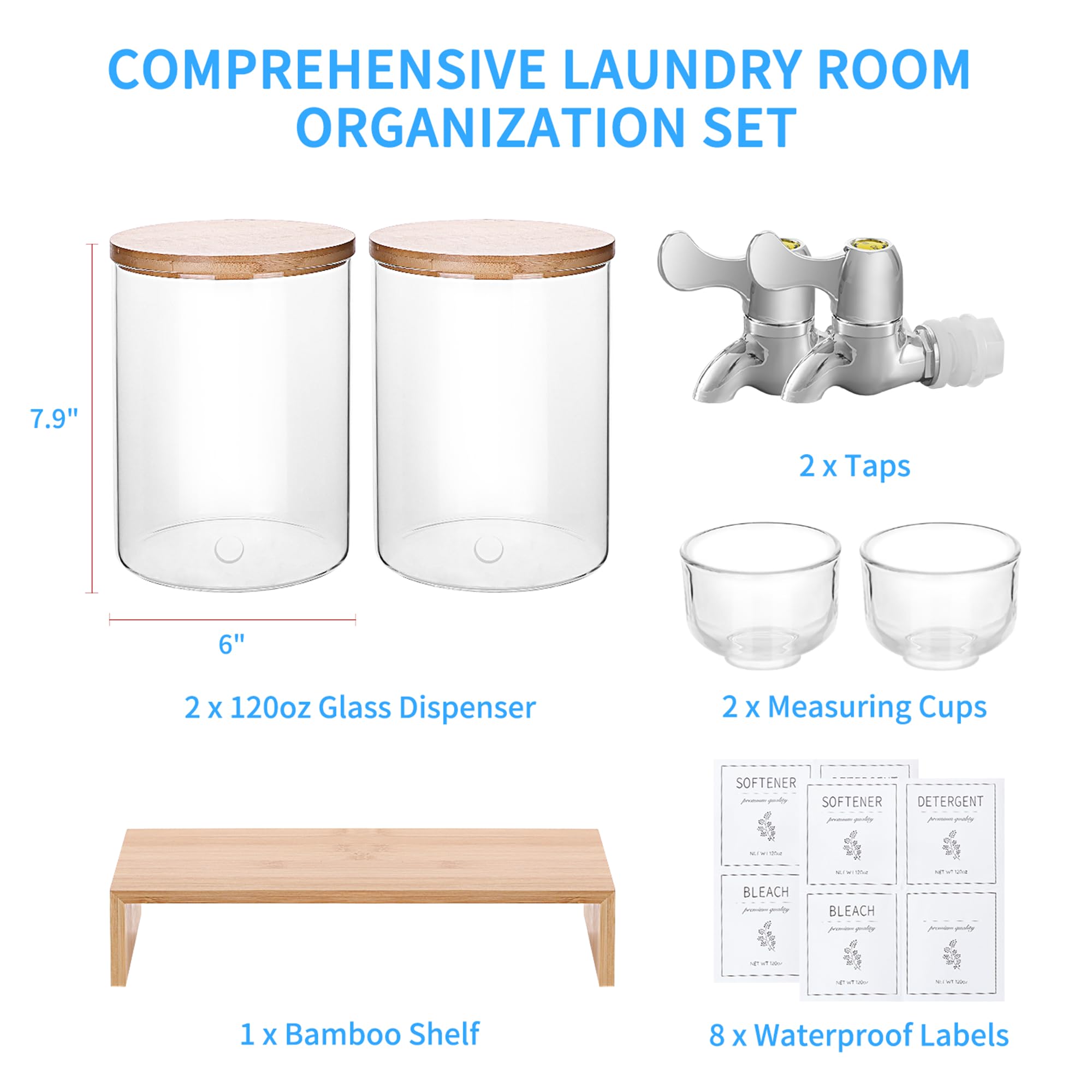 Laundry Detergent Dispenser with Bamboo Lids, Shelf Stand, Spouts, 8 Waterproof Labels, 2 Glass Cups for Liquid Detergent - 2-Pack 120 oz Glass Containers for Laundry Room Organization and Storage