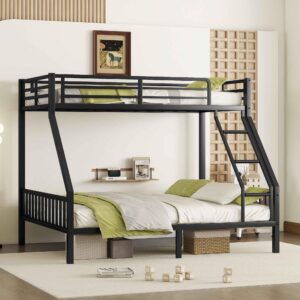 ATY Metal Twin XL Over Queen Bunk Bed with Ladder and Guardrail, Sturdy Bedframe w/Slat Support, for Kids's Bedroom, Dorm, No Spring Need Required, 82.7"x 70"x 65.6" (L x W x H), Black