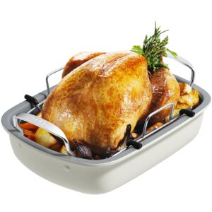 slow slog roasting pan, 17 inch x 13 inch roaster with removable rack, nonstick roaster pan for roasting turkey, meat & vegetables (beige)