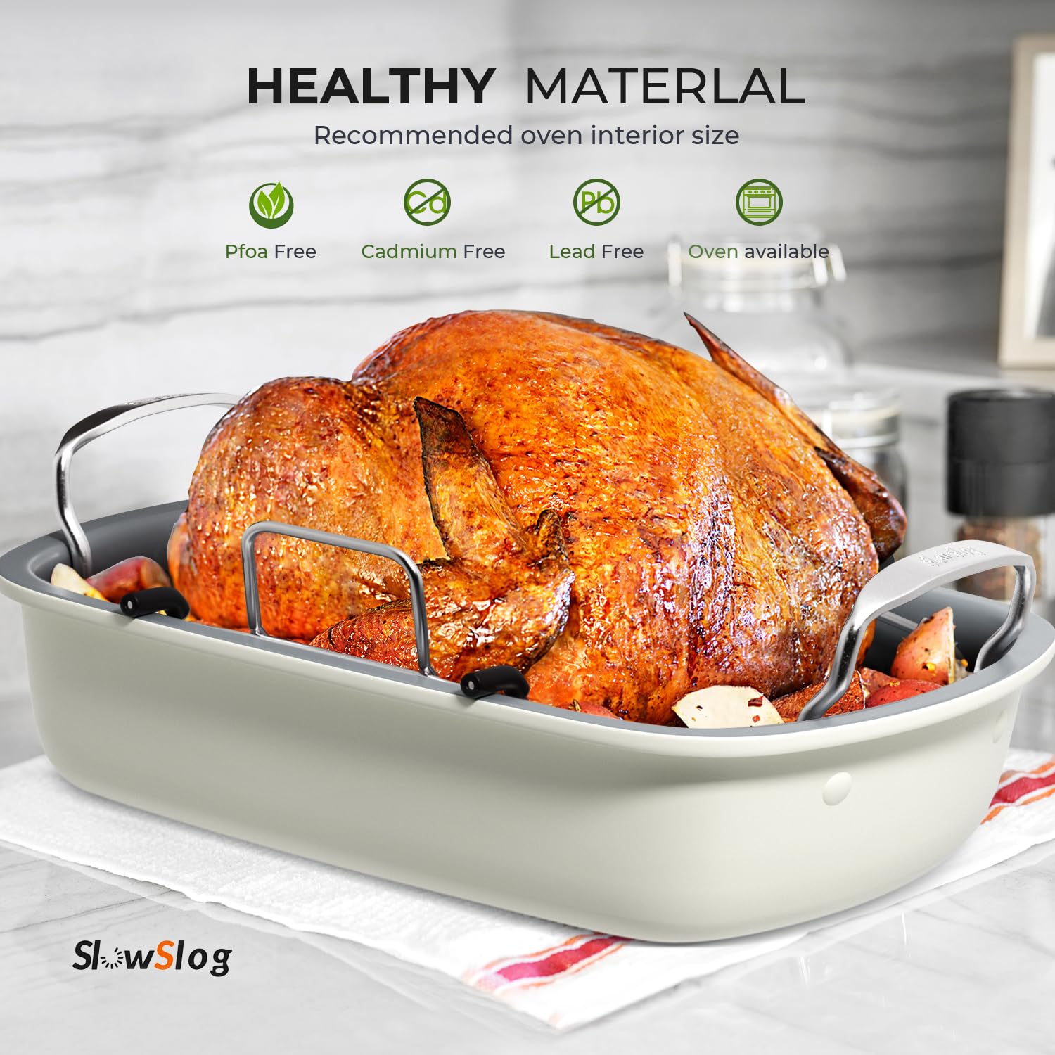 Slow Slog Roasting Pan, 17 Inch x 13 Inch Roaster with Removable Rack, Nonstick Roaster Pan for Roasting Turkey, Meat & Vegetables (Beige)