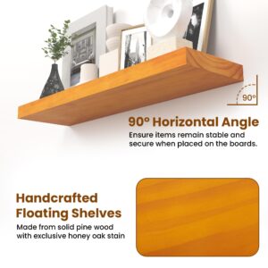 Fun Memories Wood Floating Shelves Set of 2, Rustic Pine Wood Floating Shelves for Wall Mounting, Wide Wall Shelves for Home Decor and Storage, 16" W x 7" D, Honey Oak