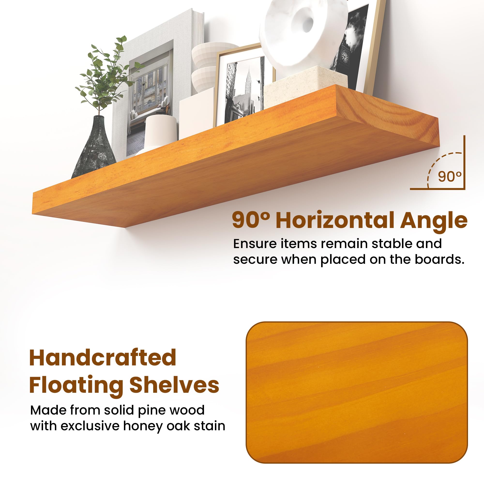 Fun Memories Wood Floating Shelves Set of 2, Rustic Pine Wood Floating Shelves for Wall Mounting, Wide Wall Shelves for Home Decor and Storage, 16" W x 7" D, Honey Oak