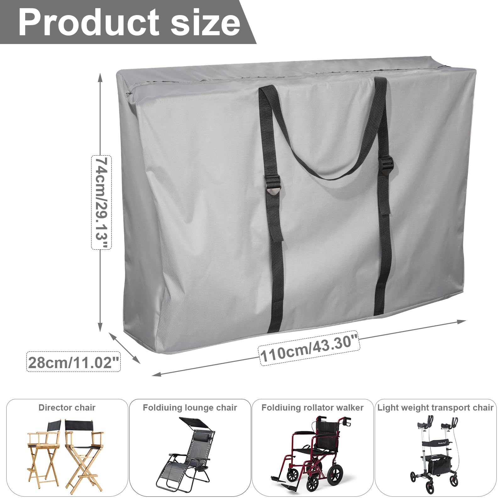 Large Outside Folding Chair Storage Bag with Zipper and Handles, 600D Folding Chair Carry Bag for Zero Gravity Chair Cover, Portable Folding Lounge Chair Carrying Bags, 43" L x 11" W x 29" H (Gray)