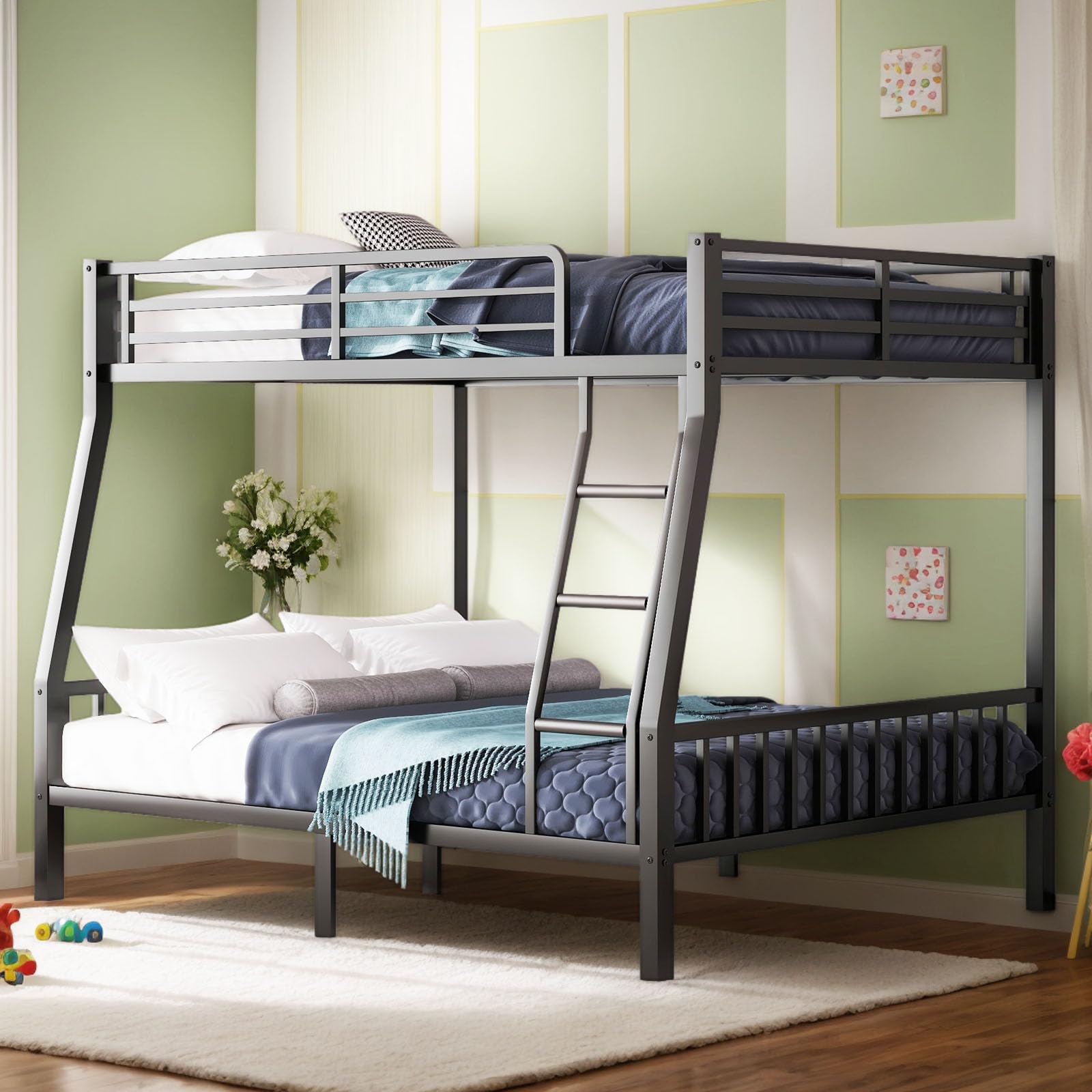 ATY Metal Full XL Over Queen Bunk Bed with Ladder and Guardrail, Sturdy Bedframe w/Slat Support, for Kids's Bedroom, Dorm, No Spring Need Required, 82.7"x 70"x 65.6" (L x W x H), Black