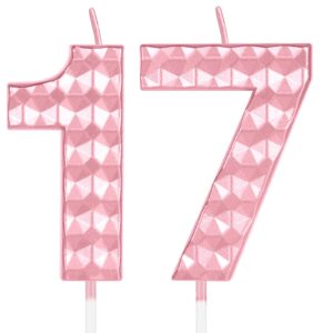 pink 17th birthday candles,diamond design 3d number 17 birthday candle,happy 17th birthday cake topper decorations for girls women birthday anniversary wedding party celebration supplies