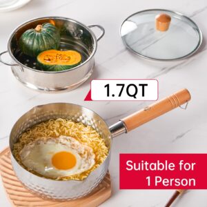 WANGYUANJI Stainless Steel Saucepan with Steamer and Glass Lid,7"Nonstick Snow Flat Pot for One Person,1.8 Quart Multi-Purpose Saucepan Set for Deep-Frying,Steaming,Boiling and Stir-Frying